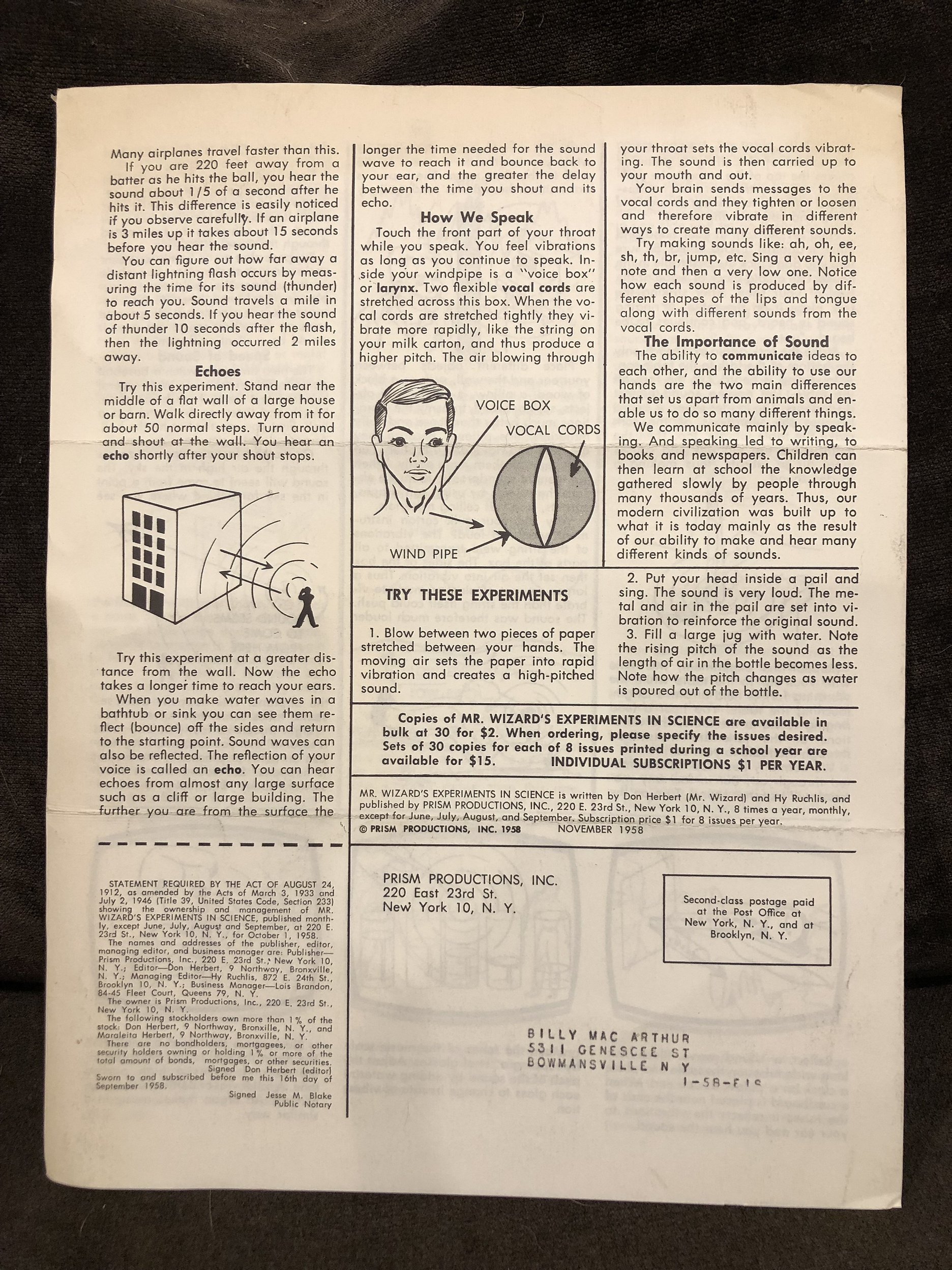 Mr. Wizard's Experiments in Science - November, 1958 - Parry Game Preserve
