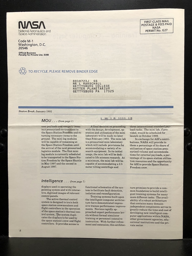 NASA Station Break Newsletter - January, 1992 - Parry Game Preserve