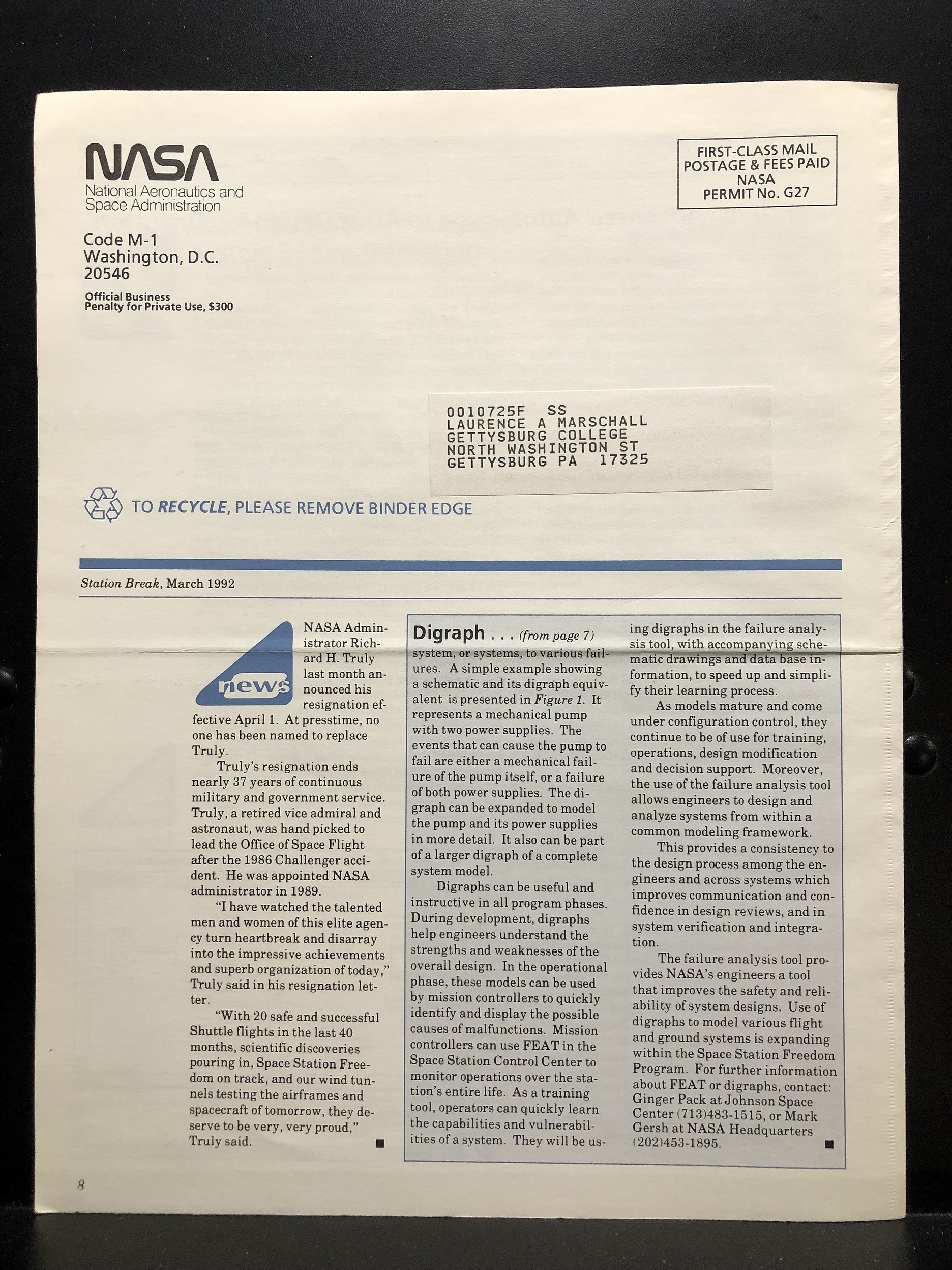 NASA Station Break Newsletter - March, 1992 - Parry Game Preserve