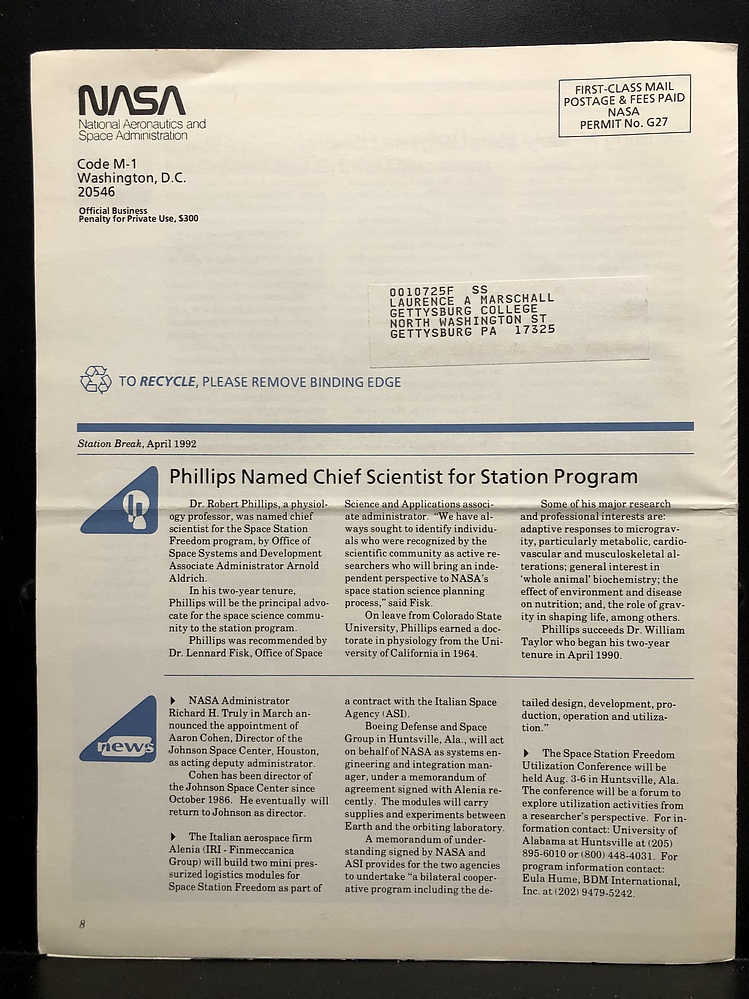 NASA Station Break Newsletter - April, 1992 - Parry Game Preserve