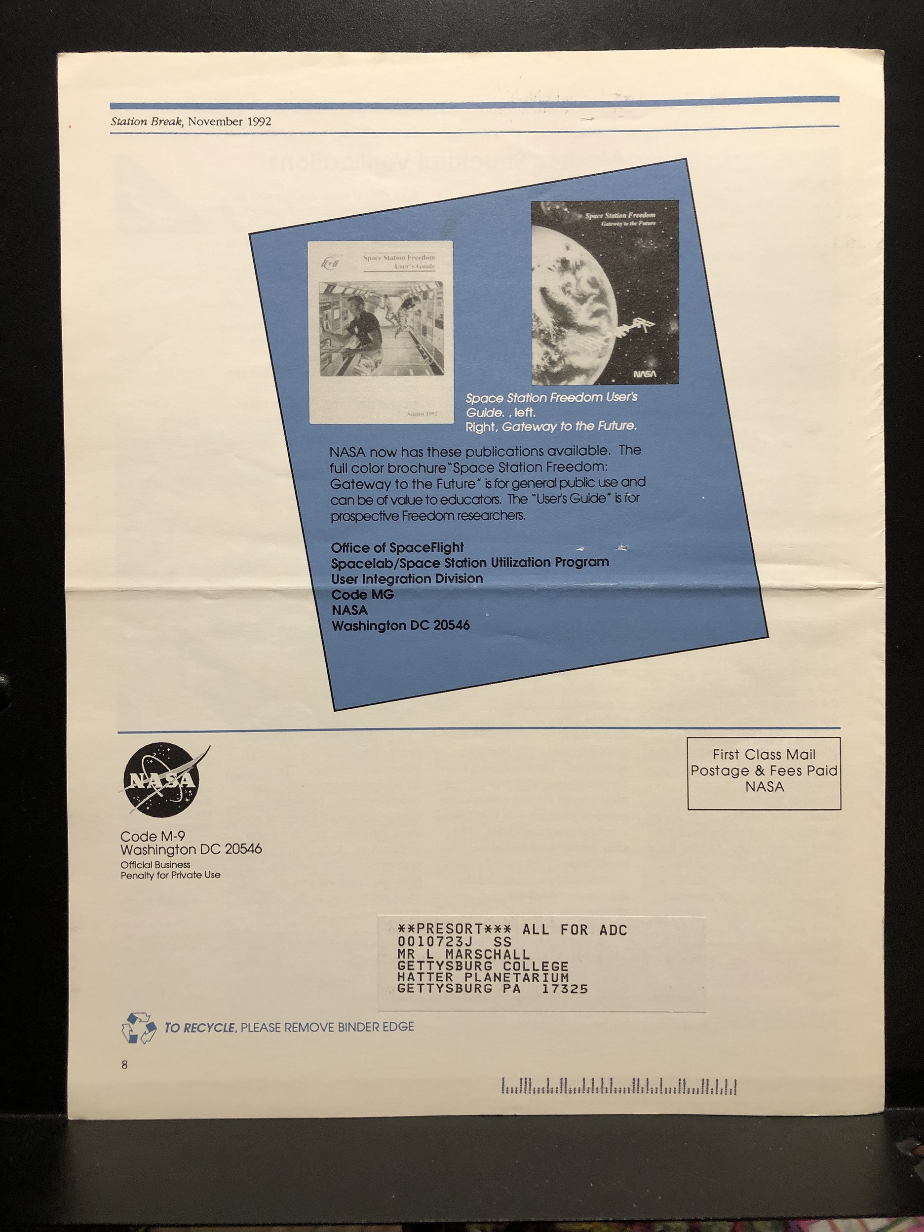 NASA Station Break Newsletter - November, 1992 - Parry Game Preserve